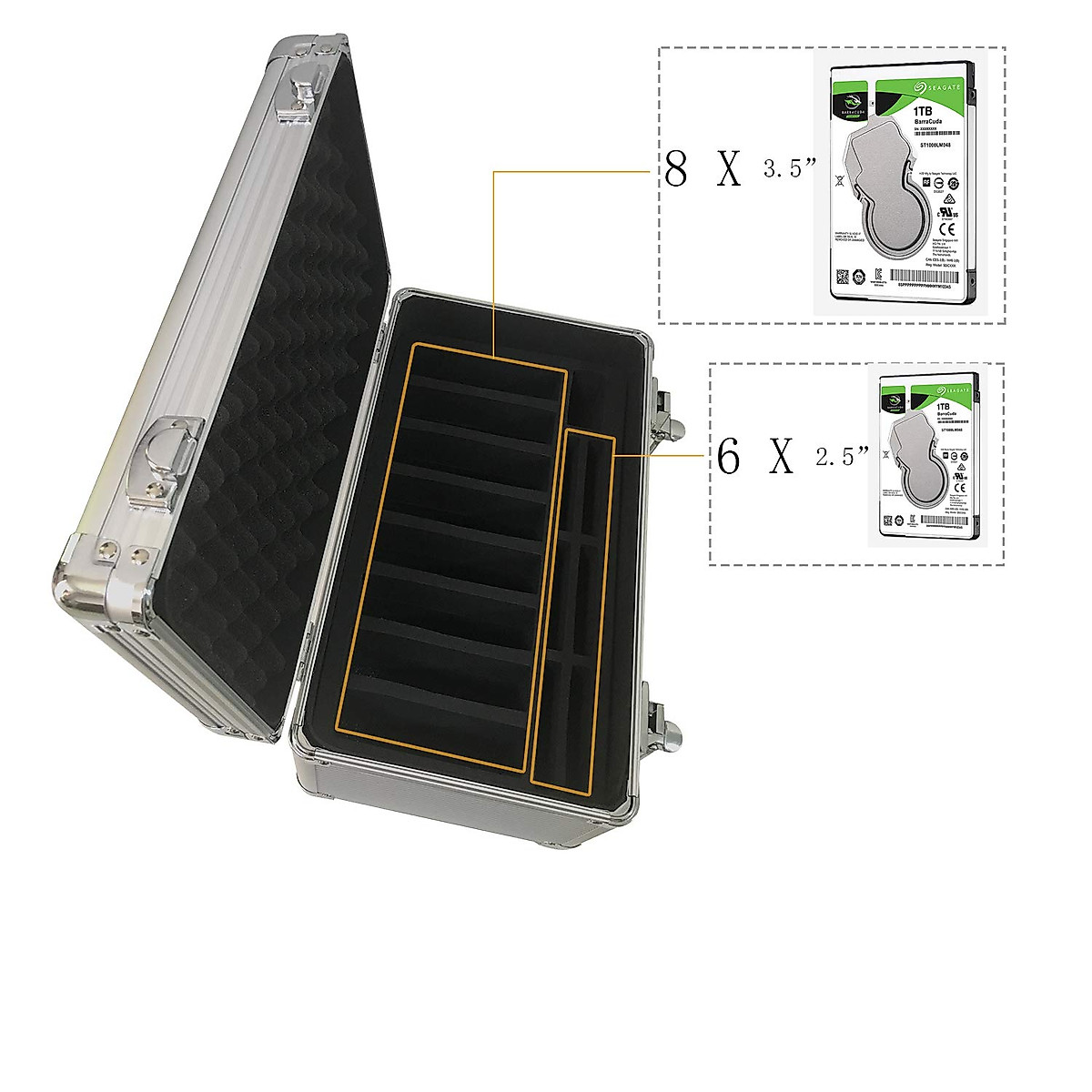 2.5" / 3.5" IDE SATA HDD Aluminum & EVA Protection Suitcase，Suitcase for 8 x 3.5 & 6 x 2.5 inch Hard Drive
