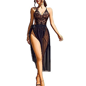 Avidlove Women Lingerie Sexy Nightgown 2 pieces Set Lace Teddy Sheer Wrap Skirt Black Medium