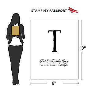 Stamp My Passport TRAVEL Wall Decor - Travel Quotes Wall Art - 6 Piece 8x10 Adventure Awaits Wall Decor (Travel is the Only Thing You Buy That Makes You Richer) Unframed Black and White Wall Art