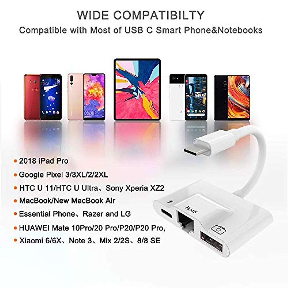 USB C to Ethernet Adapter,3 in 1 RJ45 to USB C Ethernet Adapter with USB Port and USB C Charge Compatible for MacBook Pro,Air, Dell XPS,Samsung Galaxy,Surface 7,iPad pro 2020,HTC U11 and More