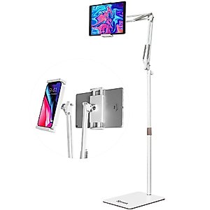 Spessn Tablet Floor Stand, Overhead Bed Phone Mount, Height Adjustable Universal Metal Tablet Holder, Phone Stand, Compatible with iPad, Samsung Galaxy Tab, Phone, Kindle, 4.5-12.9" (Light White)…