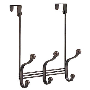 iDesign York Metal Over the Door Organizer, 3-Hook Rack for Coats, Hats, Robes, Towels, Bedroom, Closet, and Bathroom, 8.38" x 5.25" x 11", Bronze