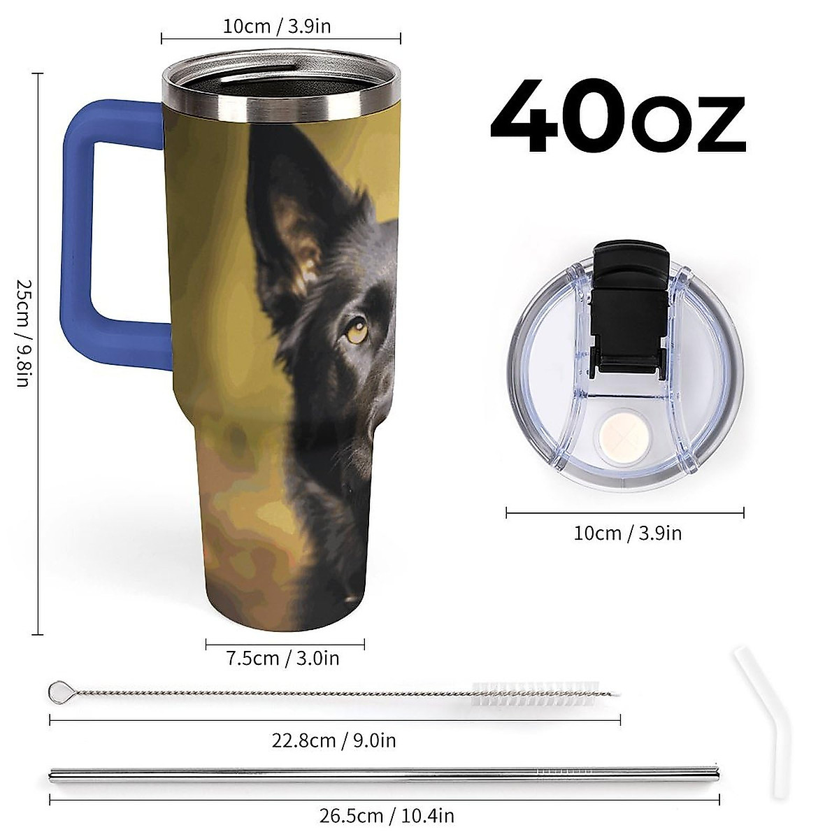 40 Oz Vacuum Tumbler with Deep Blue Handle Leakproof Insulated Tumbler Black German Shepherd Dog Stainless Steel Travel Mug with Lid And Straw Coffee Cup Cute Water Bottles Cup Holder Friendly