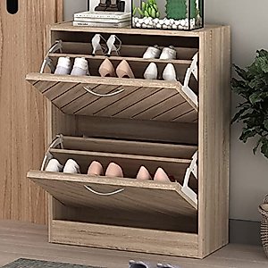 FUFU&GAGA Shoe Cabinet with 2 Flip Drawers for Entryway, Modern Shoe Storage Cabinet, Freestanding Shoe Rack Storage Organizer (22.4”W x 9.4”D x 29.5”H) (Light Brown)