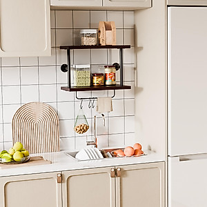 WOPITMER Industrial Pipe Shelving, 2-Tier, Floating Shelves with Hooks & Tower Bar, Rustic Farmhouse Style, Red Brown, for Bathroom, Kitchen, Bedroom & Home