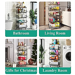 Fruit Basket for Kitchen with Wood Top 5 Tier, SAYZH Stackable Fruit and Vegetable Storage Cart, Wire Storage Basket with Wheels, Vegetable Basket Bins Rack for Onions and Potatoes, Black