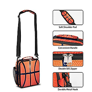 Basketball Lunch Box for Kids, Texture Ball Sport Insulated Lunch Bag for Boys Girls, Reusable Waterproof Lunch Box with Adjustable Shoulder Strap Cooler Tote Bag for School, Work, Picnic