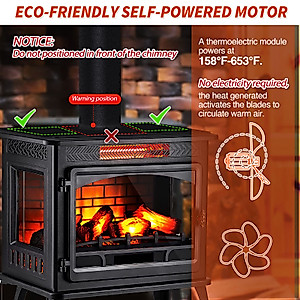 YUICHH Wood Stove Fan, 6-Blade Wood Stove Fan Heat Powered Fireplace Fan, Upgrade Kernel Fireplace Fan Non Electric Heat Powered Stove Fan for Wood/Log Burner/Fireplace Quiet Circulating Warm Air