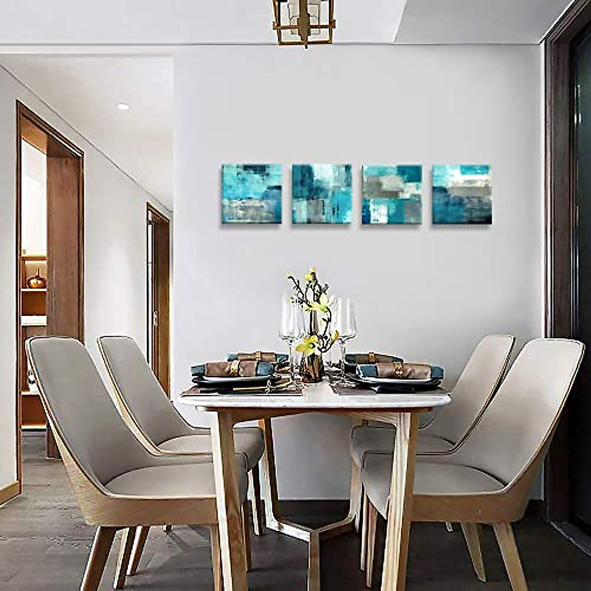 Abstract Wall Art Canvas Turquoise and Grey Abstract Art Painting Canvas Artwork Contemporary Wall Art for Bathroom Bedroom Living Room Kitchen Wall Decor 12" x 12" x 4 Pieces Canvas Prints