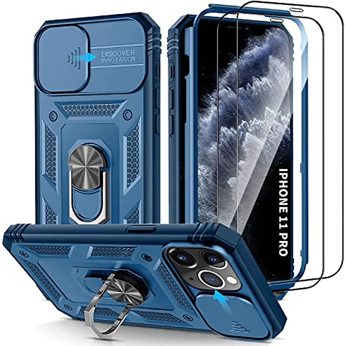 Pompvla for iPhone 11 Pro Case with 2Tempered Glass Screen Protectors,Bulit-in Magnetic Kickstand Ring & Camera Cover Shockproof Military Grade Drop Heavy Duty Protection Men5.8 inch[Not for iP11]Blue