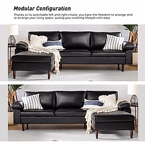 HULALA HOME 108" L Shaped Faux Leather Couch, 3 Seater Chaise Lounge Sofa with Comfy Pillow-Designed Armrest&Backrest, Mid Century Modern Sofa Couch for Living Room, Black