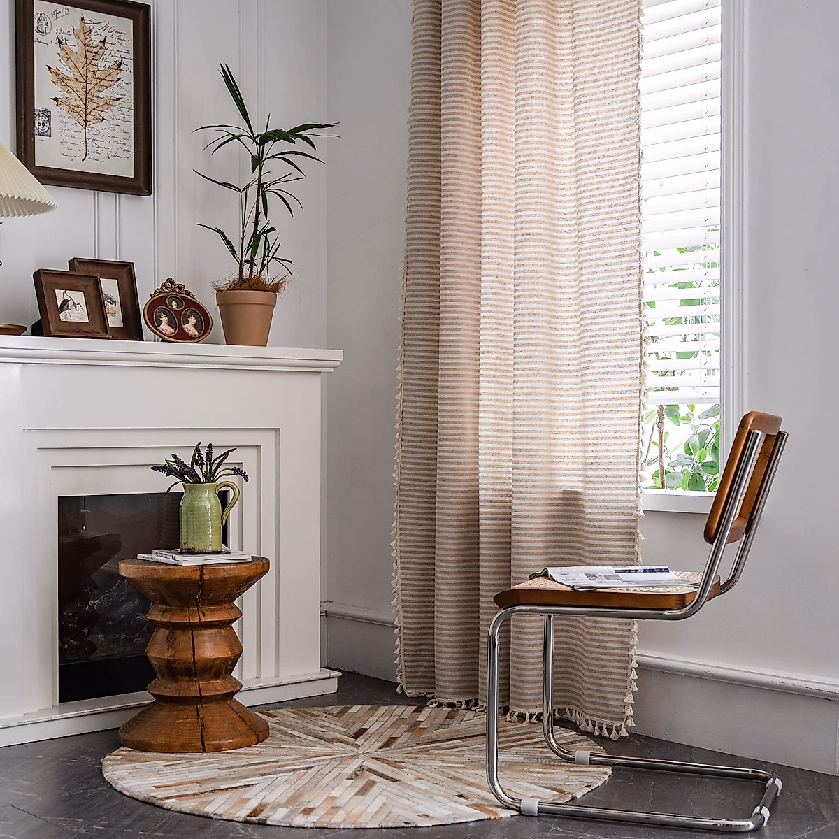 ColorBird Striped Semi-Blackout Window Curtains 2 Panels Farmhouse Style Cotton Linen Darkening Curtains with Tassel Rod Pocket Window Drapes for Dining Living Bedroom (52" W x 84" L, 1 Pair, Beige)