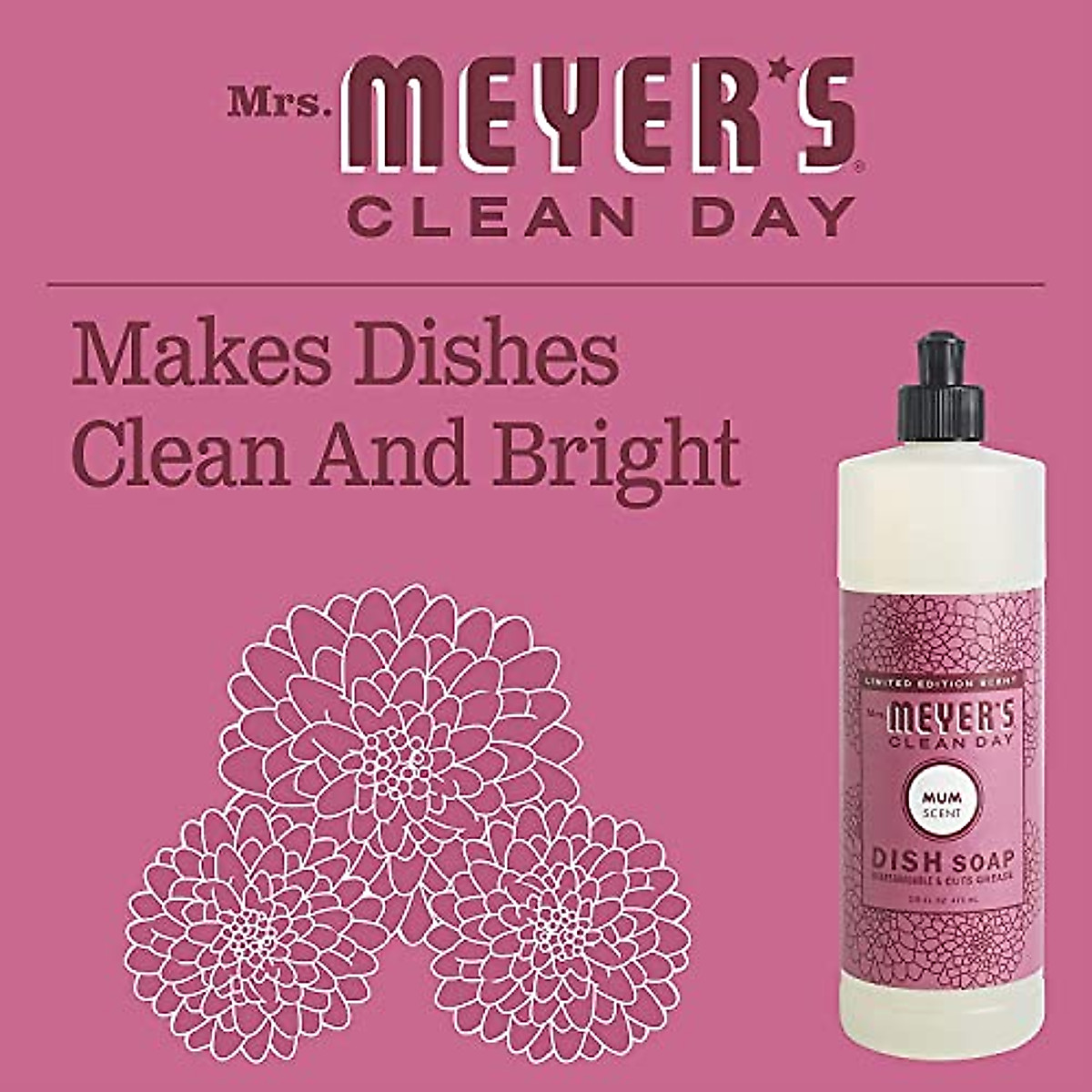 MRS. MEYER'S CLEAN DAY Liquid Dish Soap, Biodegradable Formula, Mum, 16 Fl Oz. (Pack of 3)