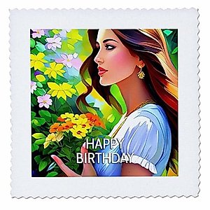 3dRose Happy Birthday. Dreaming Young Girl in The Fantasy Garden Card - Quilt Squares (qs-379042-8)