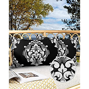Outdoor Pillow Covers Waterproof, Black Paisley All Weather Cushion Case Set of 2, Luxurious Modern White Abstract Art Aesthetics Lumbar Pillowcase for Sofa Couch Bed Decor Patio Furniture 20"x12"