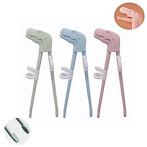Training Chopsticks for Kids, Jawbush 3 Pairs Kids Learning Chopsticks, Cute with Dinosaur Head, Non-slippery Indented Tips and Adjustable Finger Holders, Easy to Use and Clean, Dishwasher Safe
