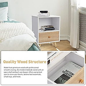JAXPETY Nightstands Set of 2, Night Stand with Drawer and Open Storage Shelf, Bedside Tables with Solid Wood Legs, End Table, Side Table, for Bedroom(2-Pack, White)