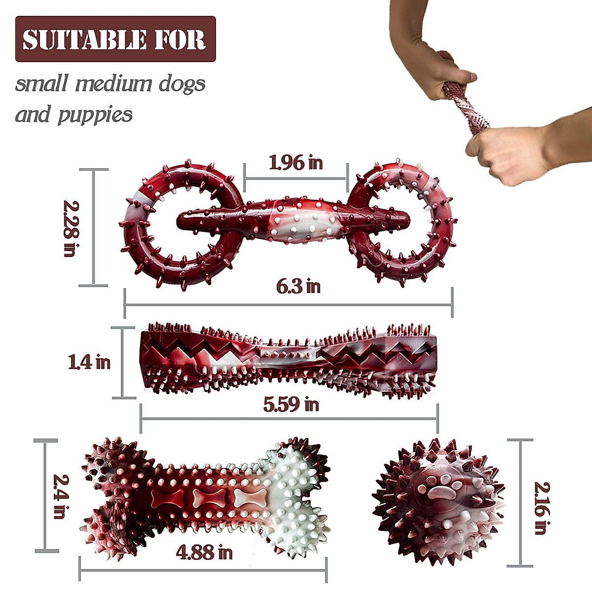 4 Pack Puppy Toys for 2-8 Months Pets Dog Chew Toy for Small Puppies Teething Toys for Cleaning Teeth Food Dispensing Soft Durable Rubber Bone Funny Ball Interactive Donut Treat Dumbbell (Meat)