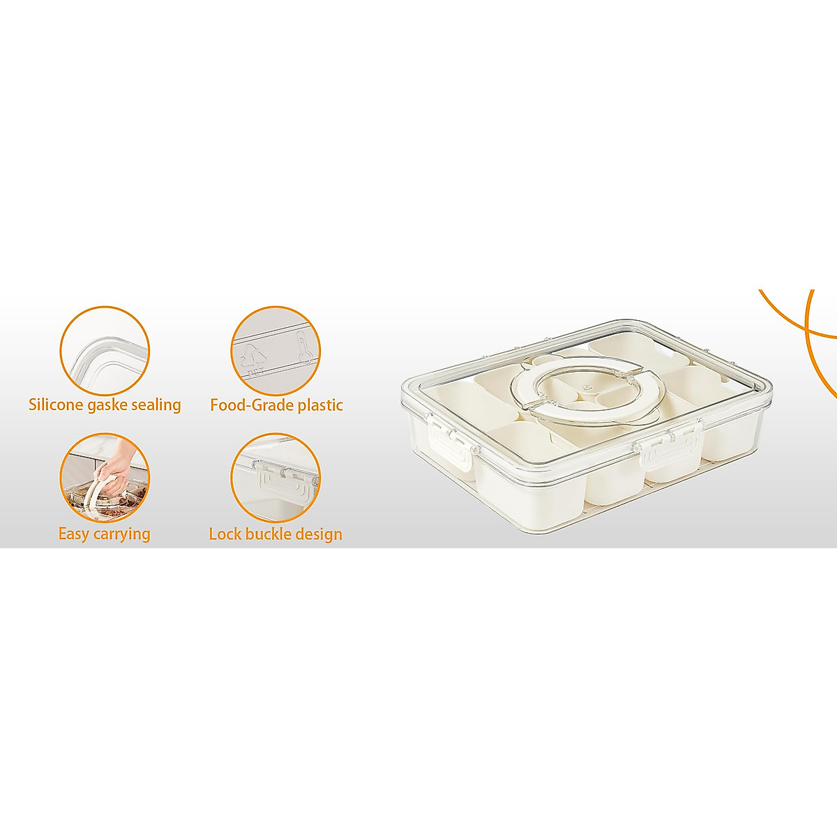 Kinnsto Snackle Box Container Meal Prep Divided Portion Serving Platters and Trays with Lid Handle Reusable Vacation Camping Travel Beach Essentials Food Fruit Veggie Organizers and Storage for Fridge