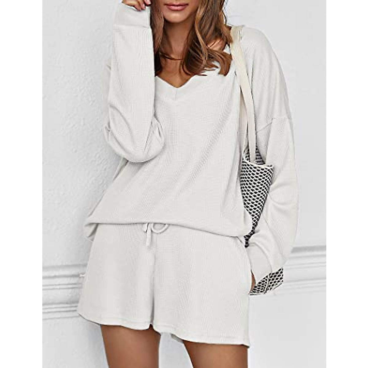 Ekouaer Womens, Long Sleeve Pajamas Set, Waffle Knit Tops and Shorts, Sleepwear, Loungewear, Casual Tracksuit, A-white, Large