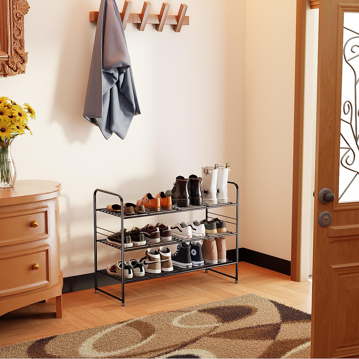 GEORIS 3 Tier Shoe Rack for Closet, Stackable & Adjustable 32" L Shoe Storage Organizer Sturdy, All Metal, Black