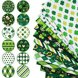 Whaline 12Pcs St. Patrick's Day Cotton Fabric Bundles 18 x 22 Inch Green Shamrock Printed Fat Quarters Lucky Clover Quilting Patchwork Squares Sewing Fabrics for DIY Handmade Crafting Home Party Decor