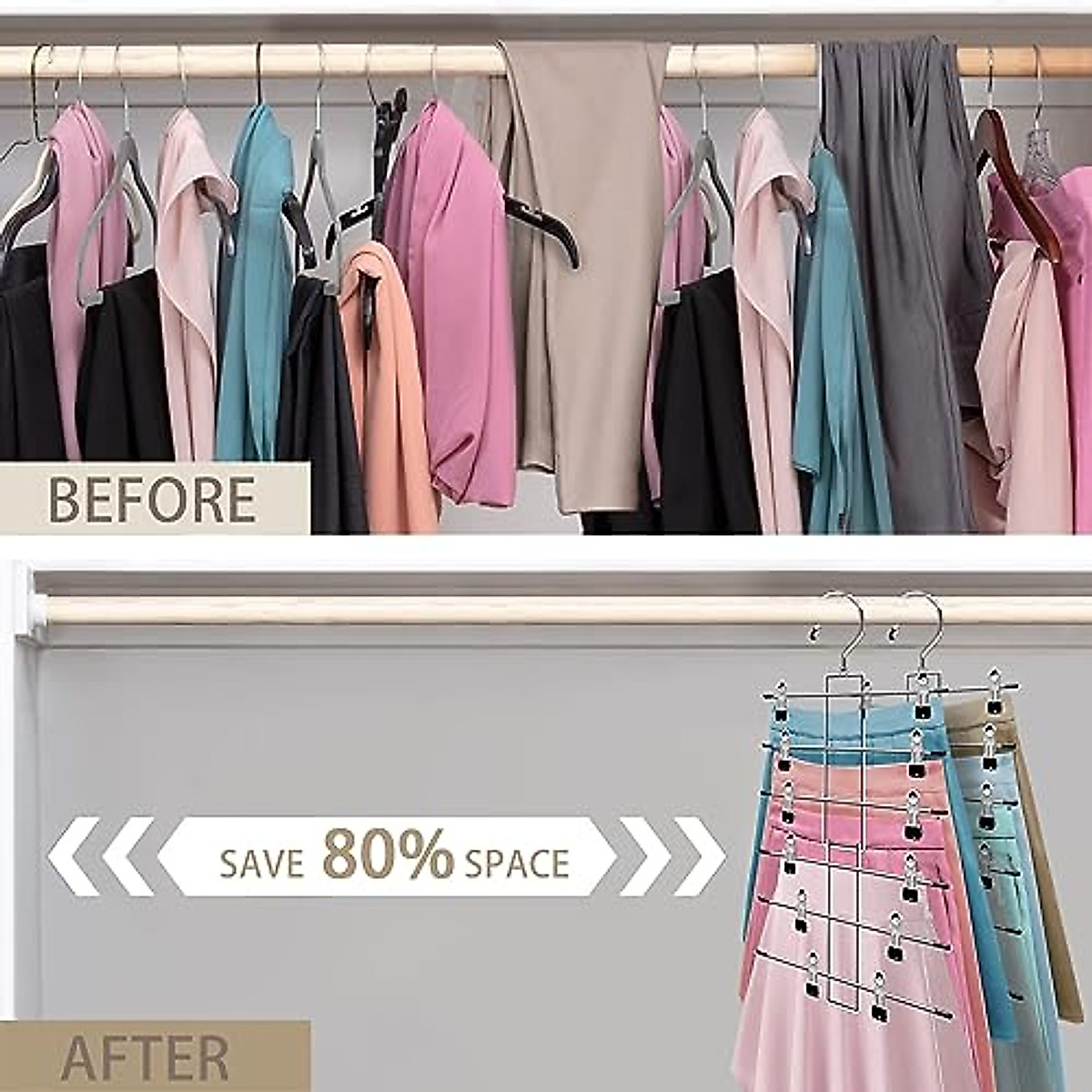 Pants Hangers -6 Tiers Closet Organizer Clothes Hanger,Skirt Hangers with 360° Swivel Hook -Space Saving Hangers with Clips - 2 Pack Pant Hangers