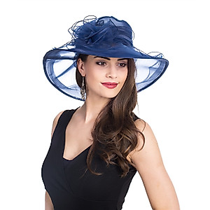 Lucky Leaf Women Church Cap Wide Brim Summer Sun Hat for Party Wedding(Hat1-2-Peacock Blue New)