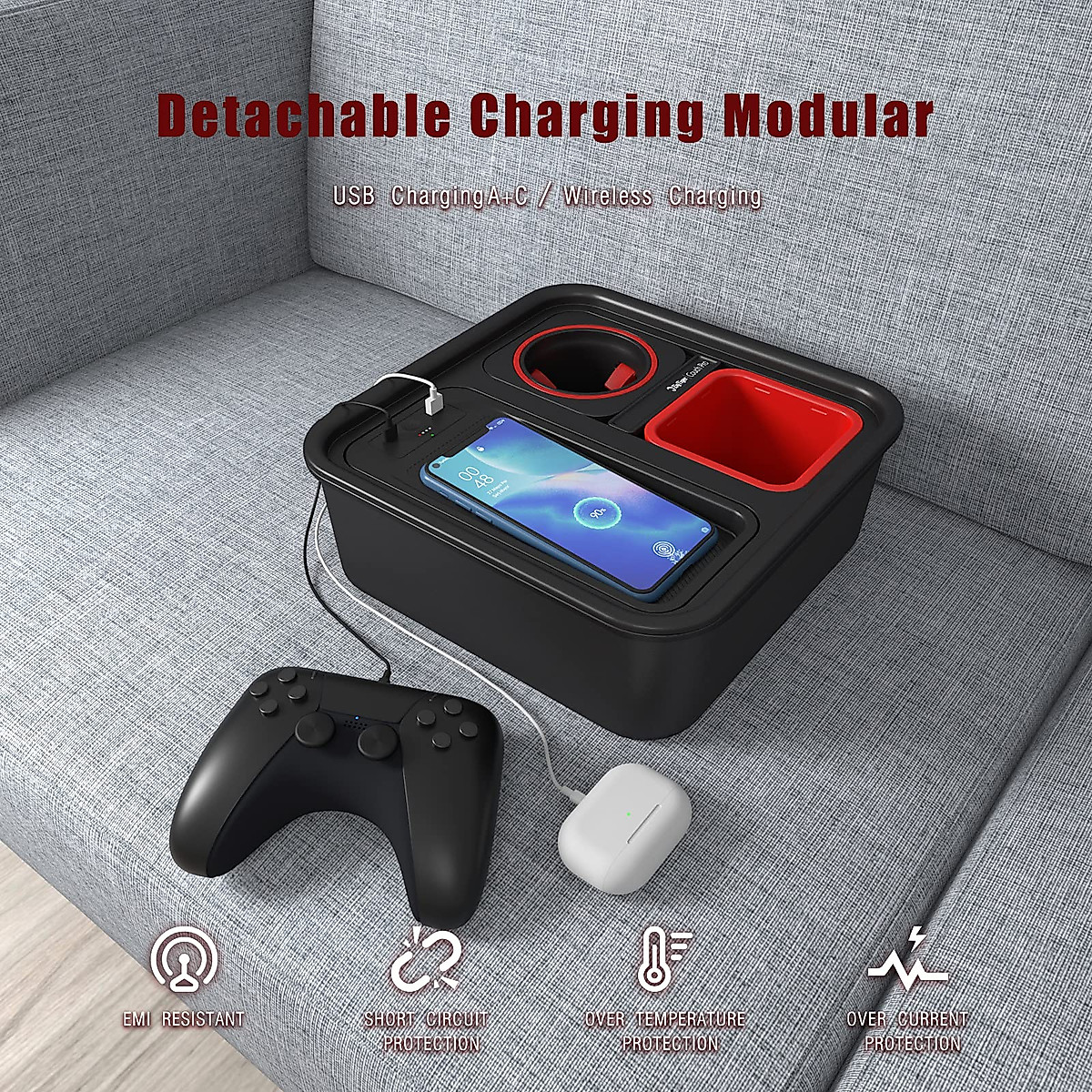 Zigtiger Cup Holder Tray, Couch Organizer with Wireless Power Bank & Snack Cup, Sofa Tray Couch Caddy Couch Arm Table, Self Balancing Console for Sofa, Bed, Car, Beach, Travel, Video Gaming, Black