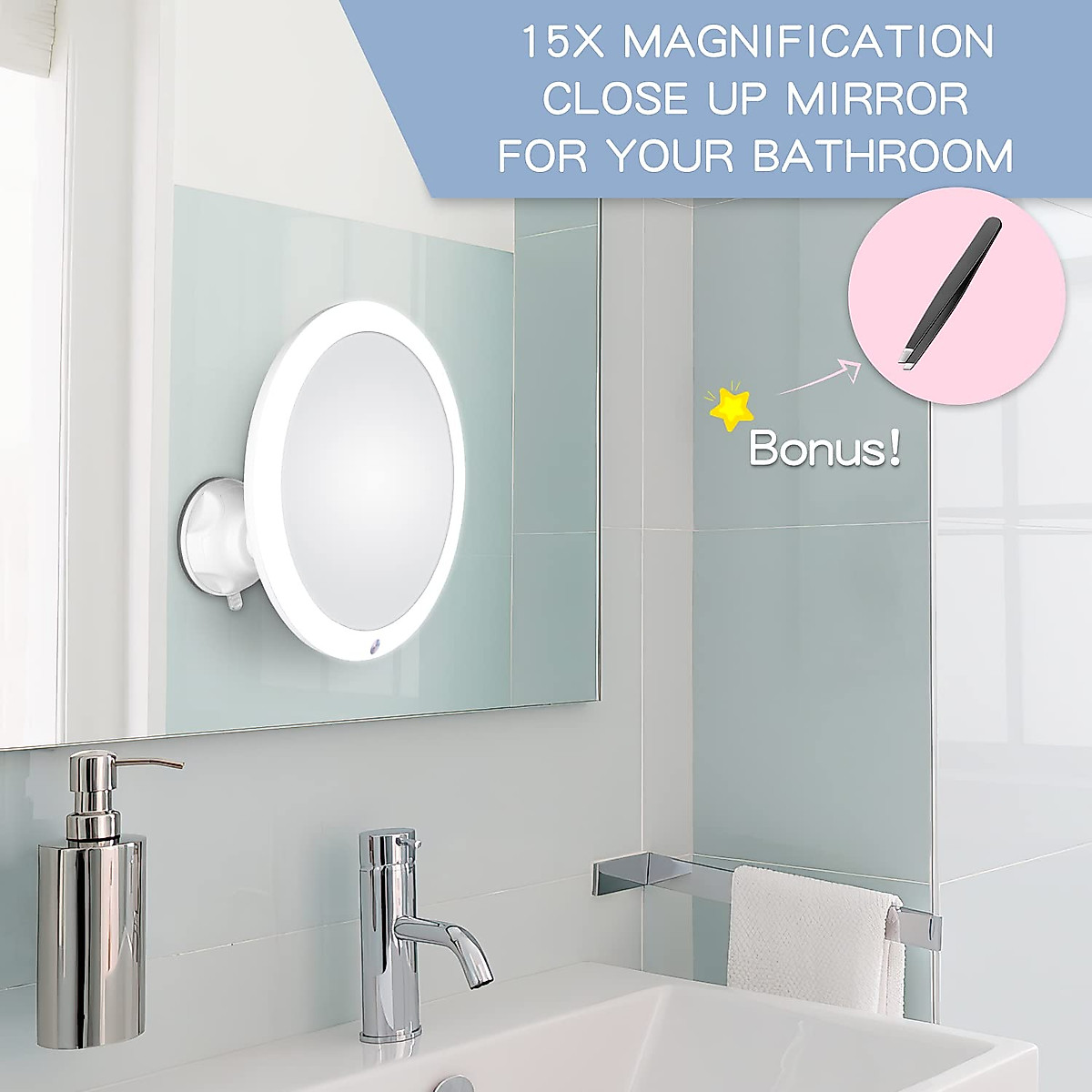 15x Magnifying Mirror with Light & Tweezers - Lighted Makeup Mirror with Strong Magnification for Precise Makeup, Plucking, Lighted Magnified Mirror w/Suction Cup for Bathroom, Dual Power , 8"