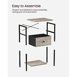 VASAGLE Nightstand, Side Table with Fabric Drawer, 24-Inch Tall End Table with Storage Shelf, Bedroom, Greige and Black ULGS021B02