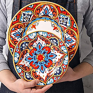 Fine Dinnerware Set,4 Pieces Rustic Style Red Vintage Pattern Ceramic Tableware Porcelain Plate Bowl Mug Dinner Gift