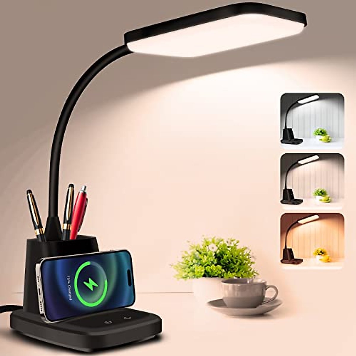 Vicsoon Desk Lamp with Wireless Charger, LED Desk Lamps for Home Office, 800 Lumens, Small Desk Lamp with Pen Holder, Flexible Arm, 3 Modes, Dimming, Touch Lamp for College Dorm Room, with Adapter