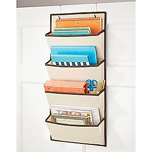 mDesign Soft Fabric Over The Door Hanging Storage Organizer with 4 Large Pockets for Closets in Bedrooms, Hallway, Entryway, Mudroom - Hooks Included - Cream/Espresso Brown