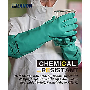 LANON Nitrile Chemical Resistant Gloves, Reusable Heavy Duty Safety Work Gloves, Acid, Alkali and Oil Protection, 18" Length, Non-Slip, Large