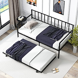 KOMFOTT Twin Metal Daybed with Trundle, Metal Sofa Bed & Pull-Out Trundle Set with Lockable Casters, Daybed for Living Room, No Box Spring Needed
