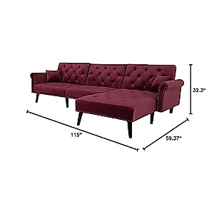 FANYE Red L-Shaped 3 Seater Convertible Sleeper Bed,Corner Velvet Tufted Sectional Sofa & Couch with Reversible Chaise and Nailhead Decor for Home Office Apartment Living Room