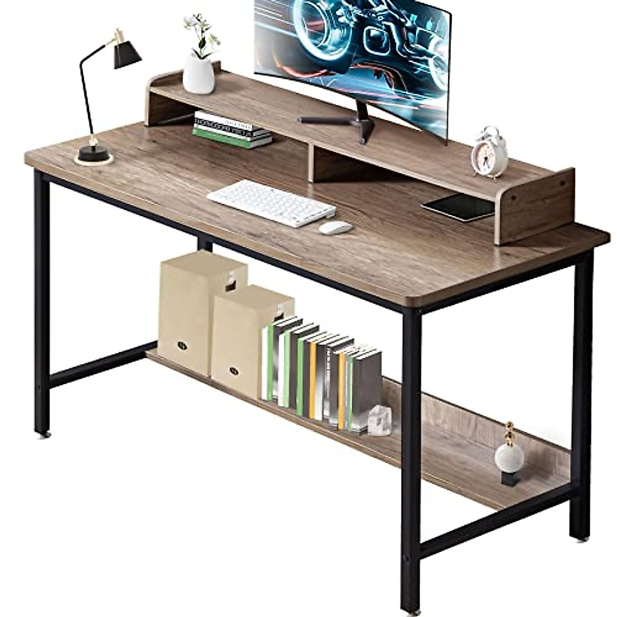 WOODYNLUX Computer Desk for Home-Office with Storage-Shelves - Modern Simple Style Metal Frame Laptop Notebook PC Study Writing Student Makeup Table Desk with Monitor Stand Footrest, Easy to Assemble.