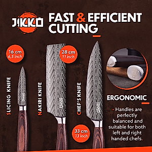 JIKKO New 67 Layers Carbon Steel Japanese Kitchen Knife Set - DiamondRazor Series - Mahogany and Walnut Wood Handles - Chef's Knives with Exceptional Sharpness - HRC60 Approved