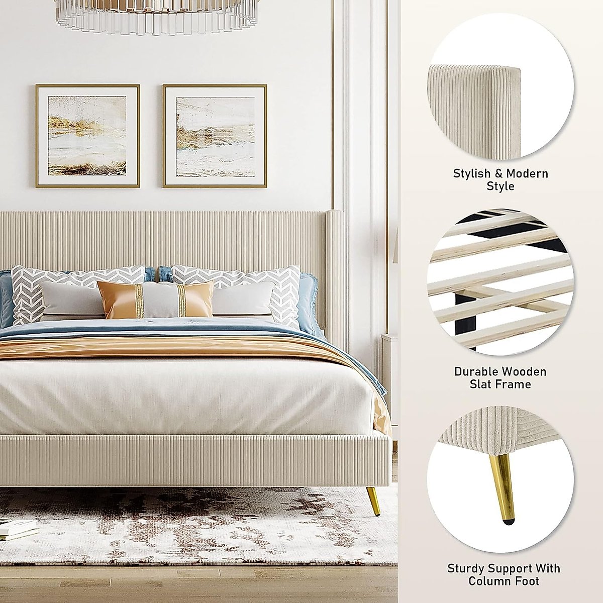 Queen Bed Frame Upholstered Platform with Headboard, Strong Frame and Wooden Slats Support, Corduroy Fabric Wrap, Non-Slip and Noise-Free,No Box Spring Needed, Easy Assembly (Beige)