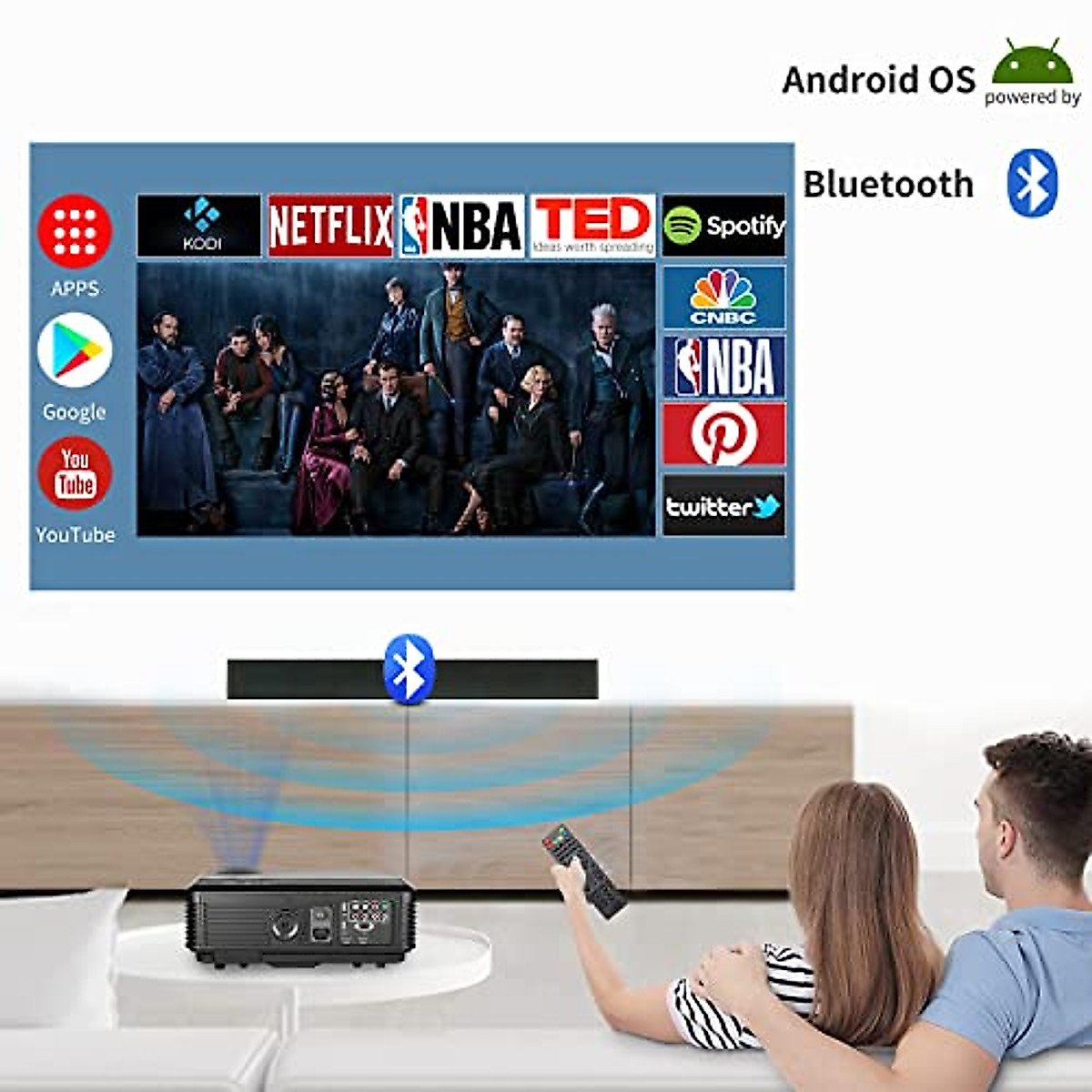 1080P Home WiFi Projector 7500Lumen, HDMI Android TV Projectors Bluetooth Wireless Smartphone Projectors for iOS Android Smart Phone/PC/Laptop/DVD/TV Stick/USB/VGA