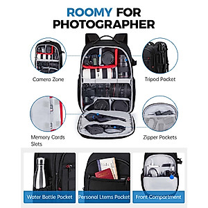 BAGSMART Camera Backpack, Expandable DSLR SLR Camera Bags for Photographers, Photography Travel Backpack with 15.6" Laptop Compartment, Rain Cover & Tripod Holder, Black