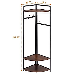 MATICO Metal Corner Clothing Garment Rack with Wooden Storage Shelves, 3 Tier Clothes Drying Hanger Rack Stand for Hanging Clothes, Freestanding Corner Thin Shelving Organizer Towel Rack, Black