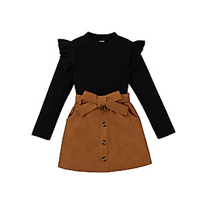 Floerns Girls 2 Piece Outfit Ruffle Trim Long Sleeve T Shirt and Short Skirt Set Brown Black 7 Years