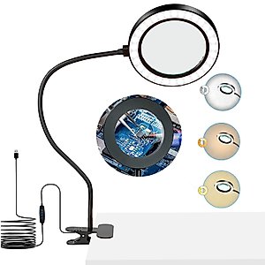 10X Magnifying Glass Lamp with Light, Magnifier Light with Clip, 3 Color Modes Stepless Dimmable & 10 Brightness Levels, Adjustable Swivel Arm Magnifier for Close Work, Reading, Crafts, Repairing