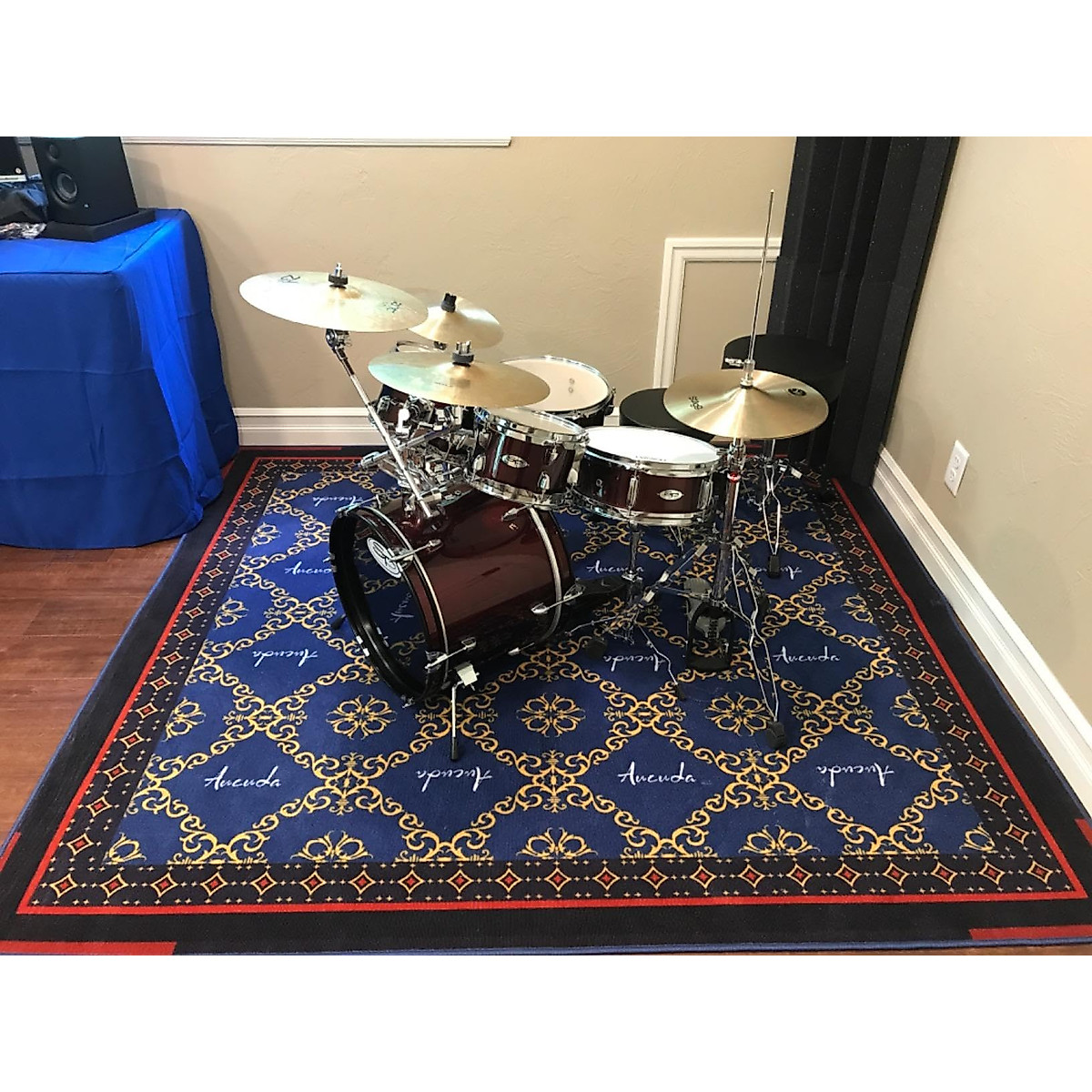 Aucuda Drum Rug 6x6.6 ft Drum Mat Outdoor, Tightly Woven Fabric Cool Drum Set Carpet with Non-Slip Grip Bottom, Electric Drum Accessories for Bedroom, Studio, Apartment, Soundproof, Starry Blue.