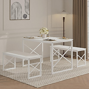 VECELO Kitchen Table with 2 Benches for 4, 43.3'' Wood Dining Room Dinette Sets with Metal Frame for Breakfast Nook and Small Space, White