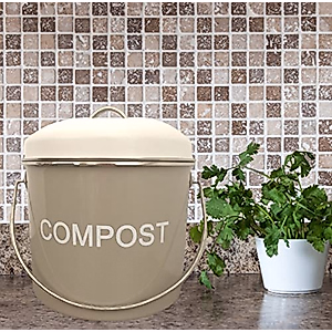 Compost Bin for Kitchen Countertop with Lid - Indoor Bucket for Food Scraps, Decorative Recycler Pail for Home Composting. Grey and White Country Kitchen Decor by Gardenatomy