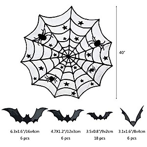 5pack Halloween Decorations Tablecloth Runner Black Lace Round Spider Cobweb Table Cover Fireplace Mantel Scarf Spiderweb Fireplace Scarf Spider Lampshade with 36pcs Scary 3D Bat for Halloween Party