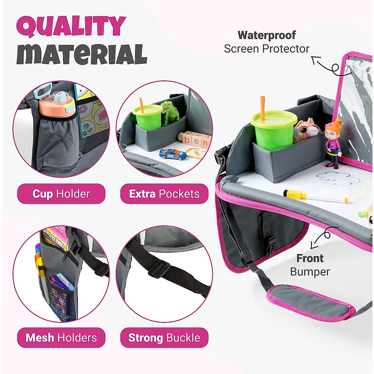 Kids Travel Tray with Dry Erase Board, Car Seat Lap for Food & Play Activity, Carseat Table Trays for Toddler, Kid Activity Desk for Air Travel, No-Drop Tablet Holder & Borders (Grey with Pink Frame)